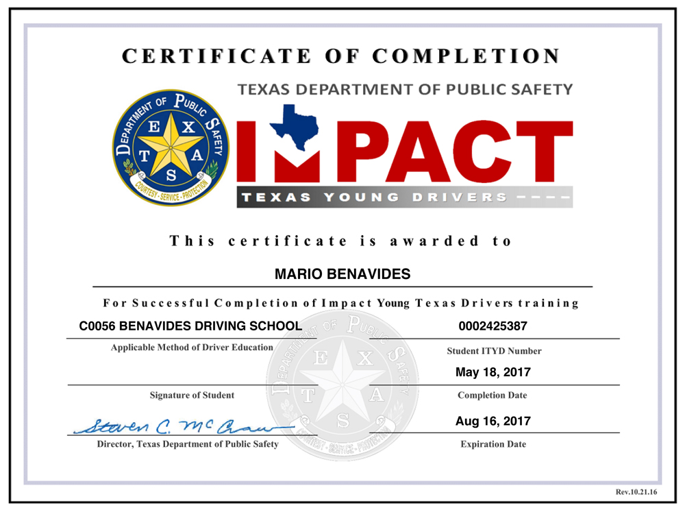 Road Test Registration – Benavides Driving School